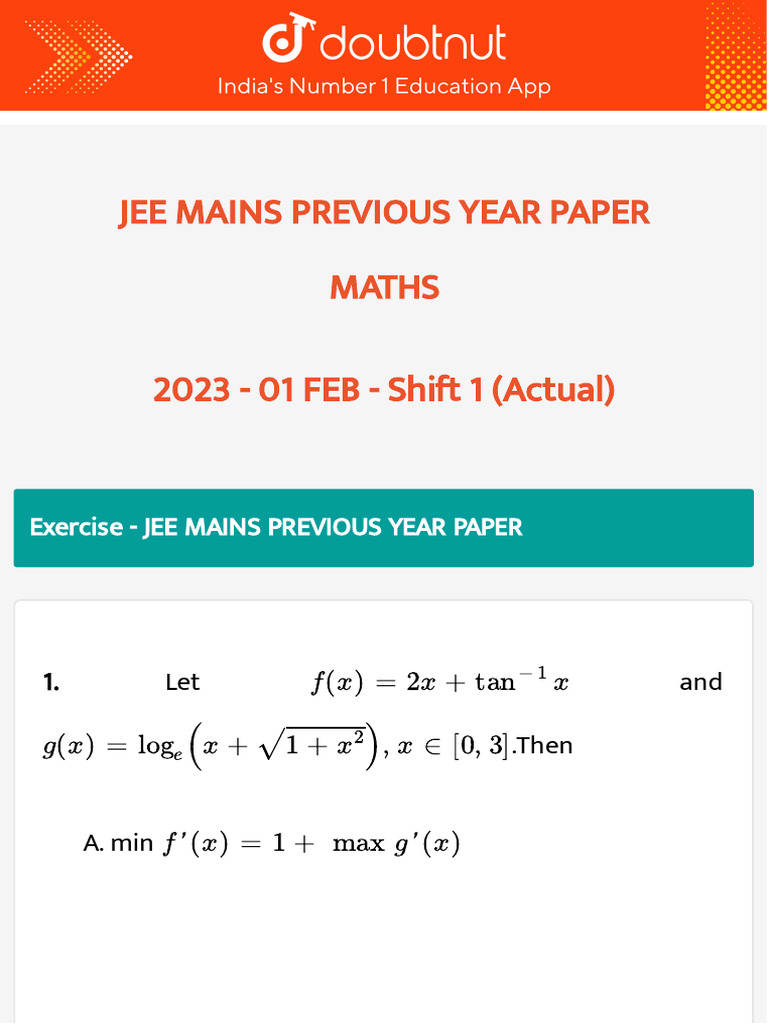 Jee Mains Previous Year Paper Class 12 Maths 2023 01 Feb Shift 1 Actual ...