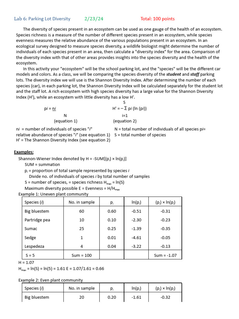 Lab 6 - Parking Lot Diversity | PDF | Biodiversity | Statistics