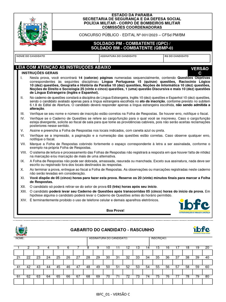 Prova Bombeiro Soldado PB | PDF | Crimes | Crime e Violência