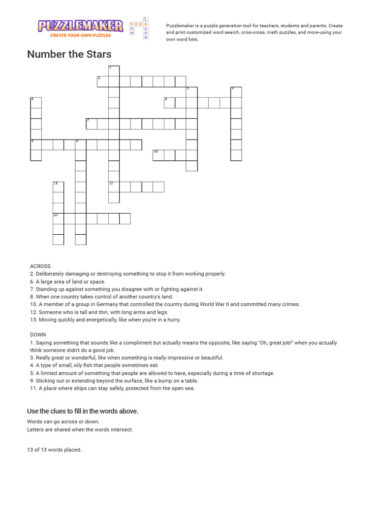 NUMBER THE STARS Criss Cross Puzzle - Discovery Education Puzzlemaker | PDF