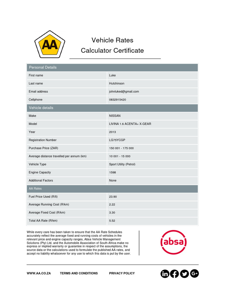 AA Rates Certificate For LG75YCGP | Download Free PDF | Transport ...