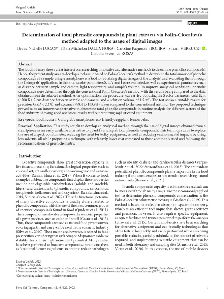 Determination of Total Phenolic Compounds in Plant Extracts Via Folin ...