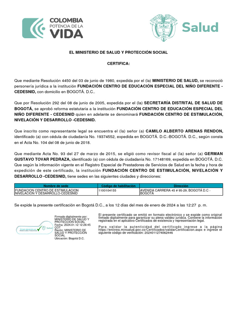 Certificado Existencia Año 2024 | PDF | Bogotá
