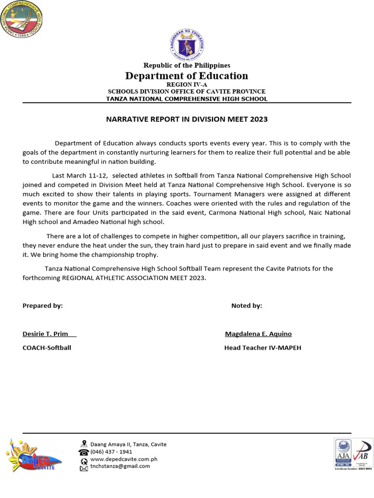 Narrative Report in Division Meet 2023 Softball | PDF