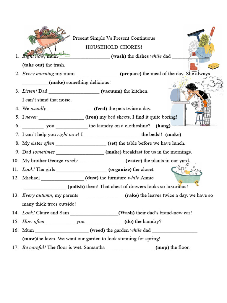 Household Chores Present Simple vs Present Continuous New 152963 | PDF