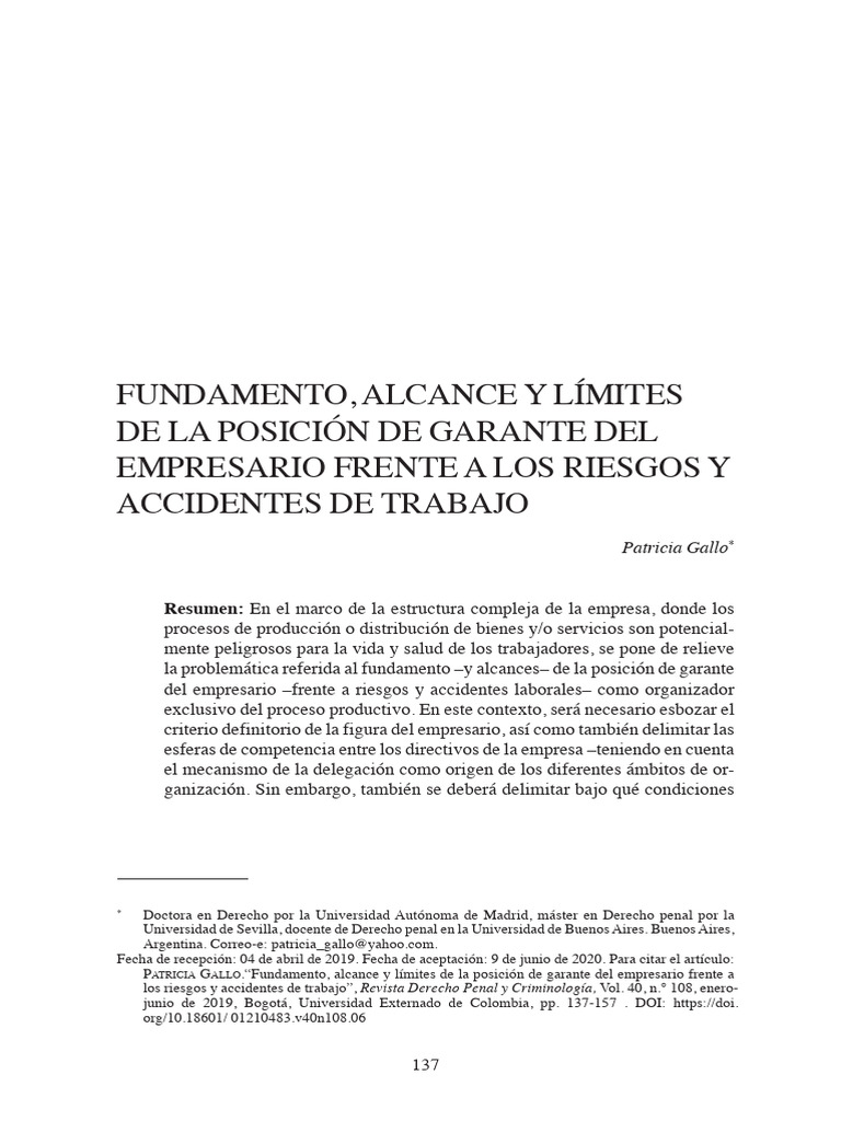 Fundamento, Alcance Y Límites de La Posición de Garante Del Empresario ...