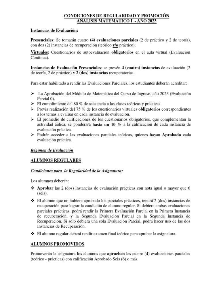 Condiciones de Regularidad y Promoción 2023 | PDF