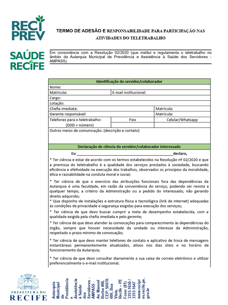 Modelo Termo de Adesão e Responsabilidade para Teletrabalho - 1 | PDF | Science | Servidor ...