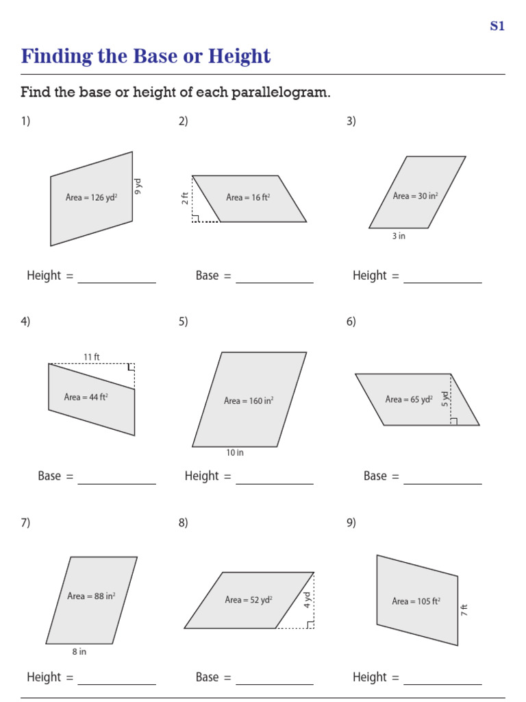 Area of Parallelogram Worksheet 1 | PDF