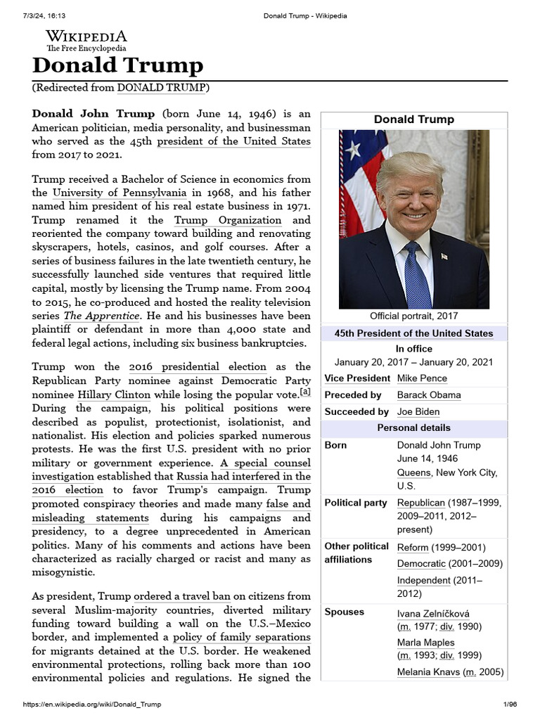 Donald Trump: 45th U.S. President Overview | PDF | Donald Trump ...