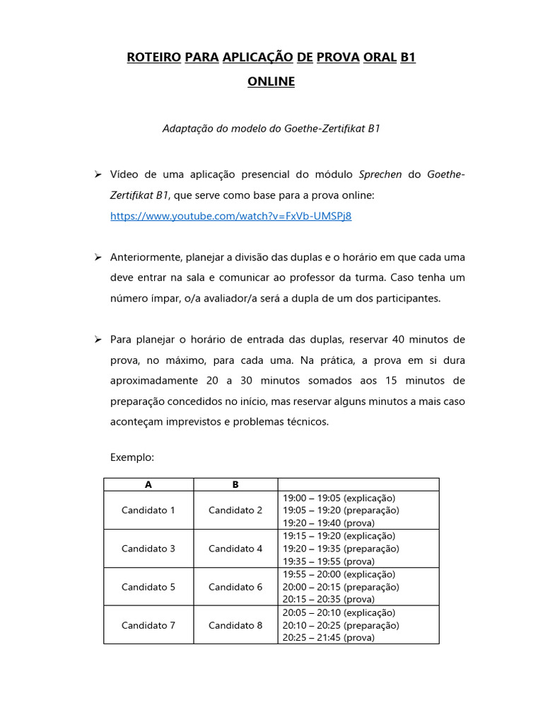 Roteiro Prova B1 Goethe | PDF