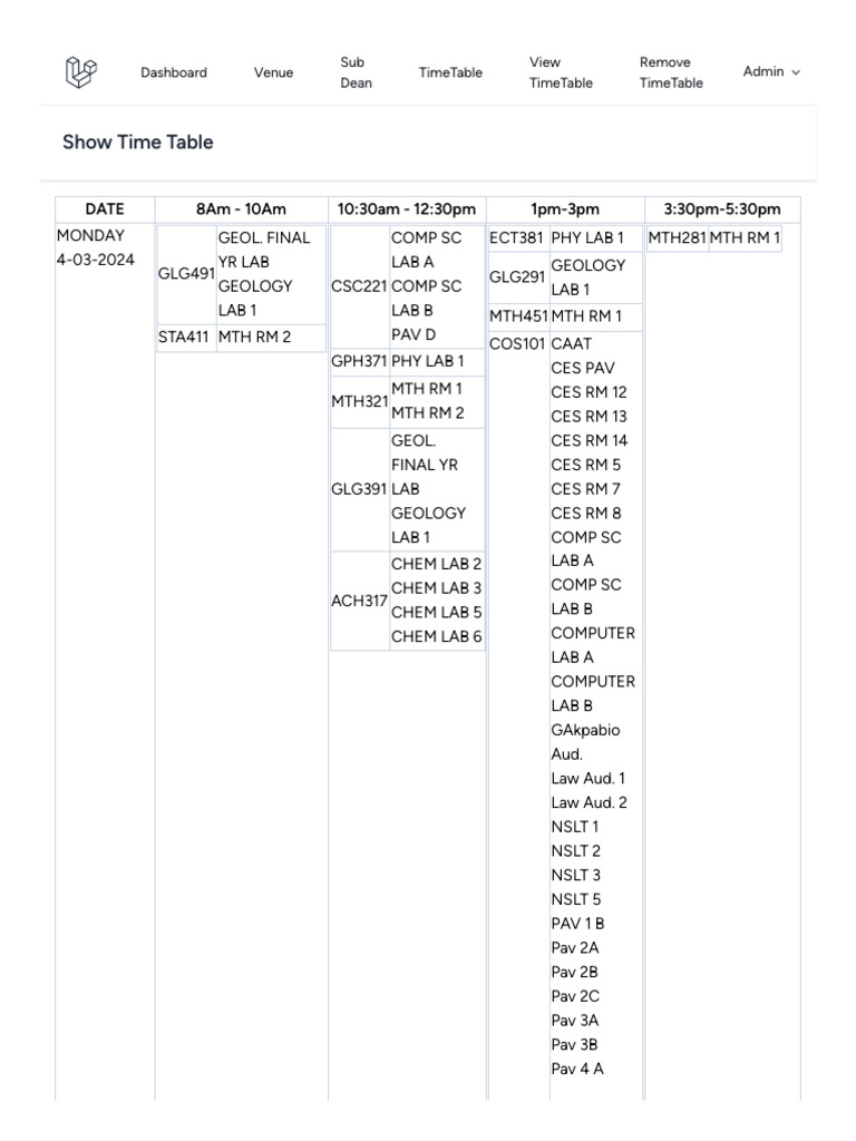 TimeTable For Physical Science 1st Semester | PDF