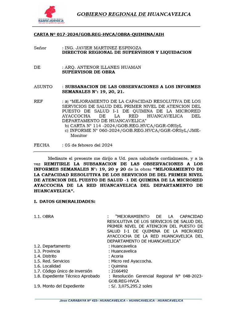 INFORME DE SUBSANACION DE INFORMES SEMANALES 19, 20 y 21 | PDF
