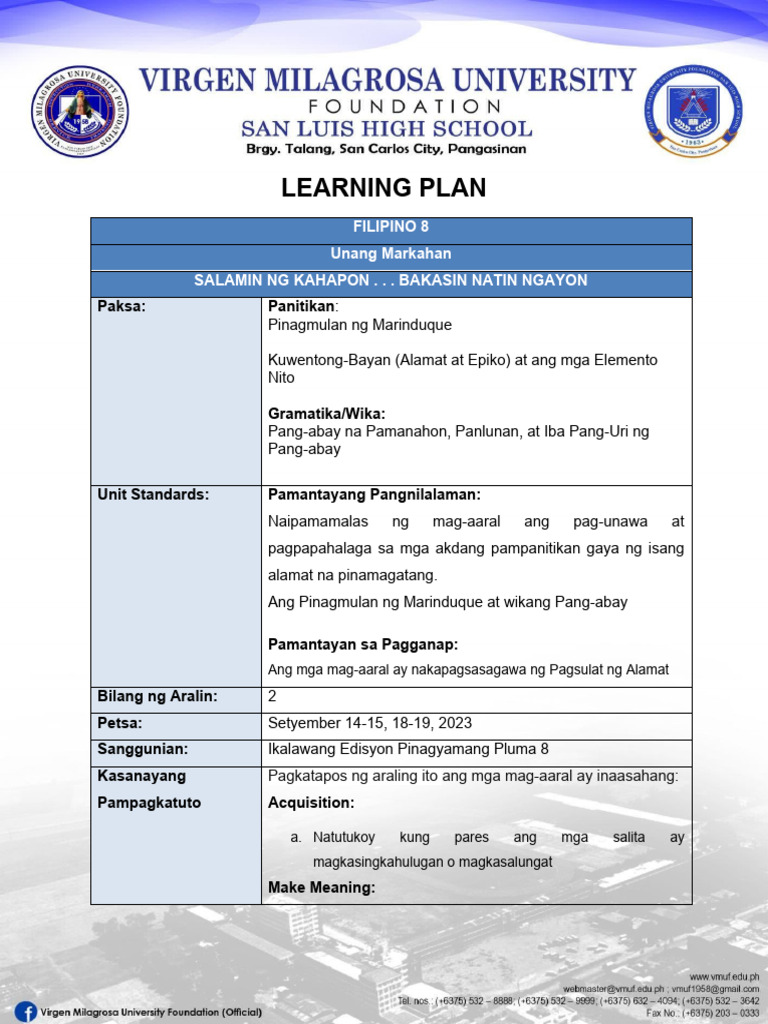 Learning Plan - Filipino 8-Aralin 2 - Unang Markahan | PDF