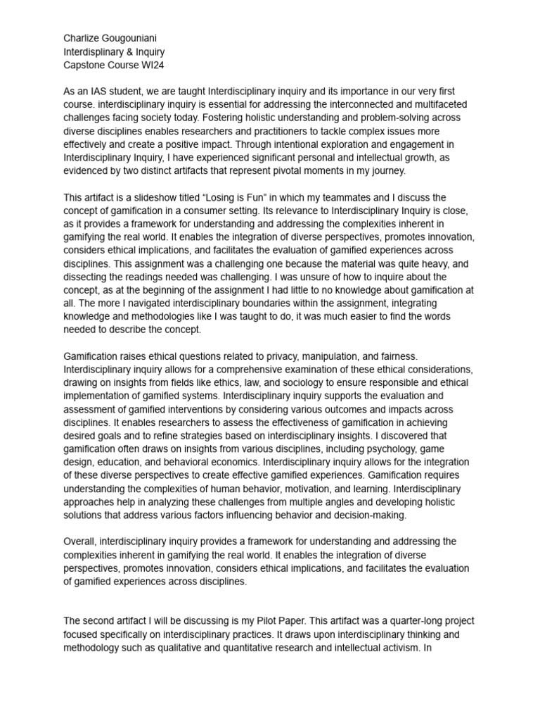 Interdisciplinary Research and Inquiry Reflective Essay | PDF ...
