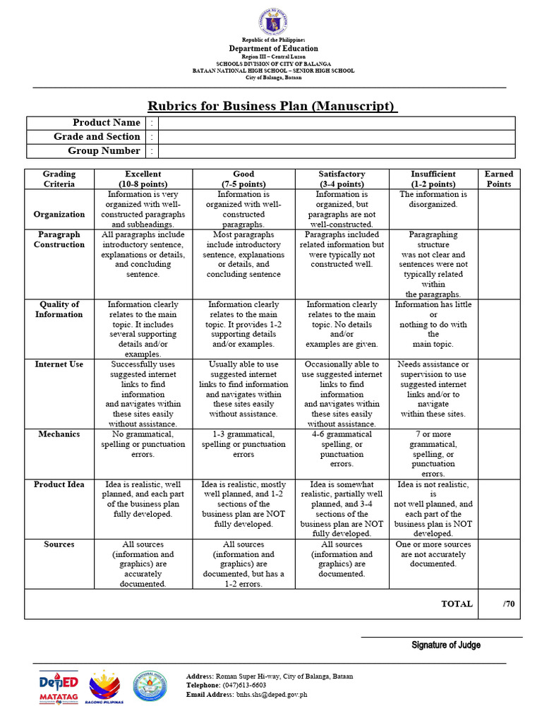 Rubrics For Business Plan Manuscript | Download Free PDF | Written ...
