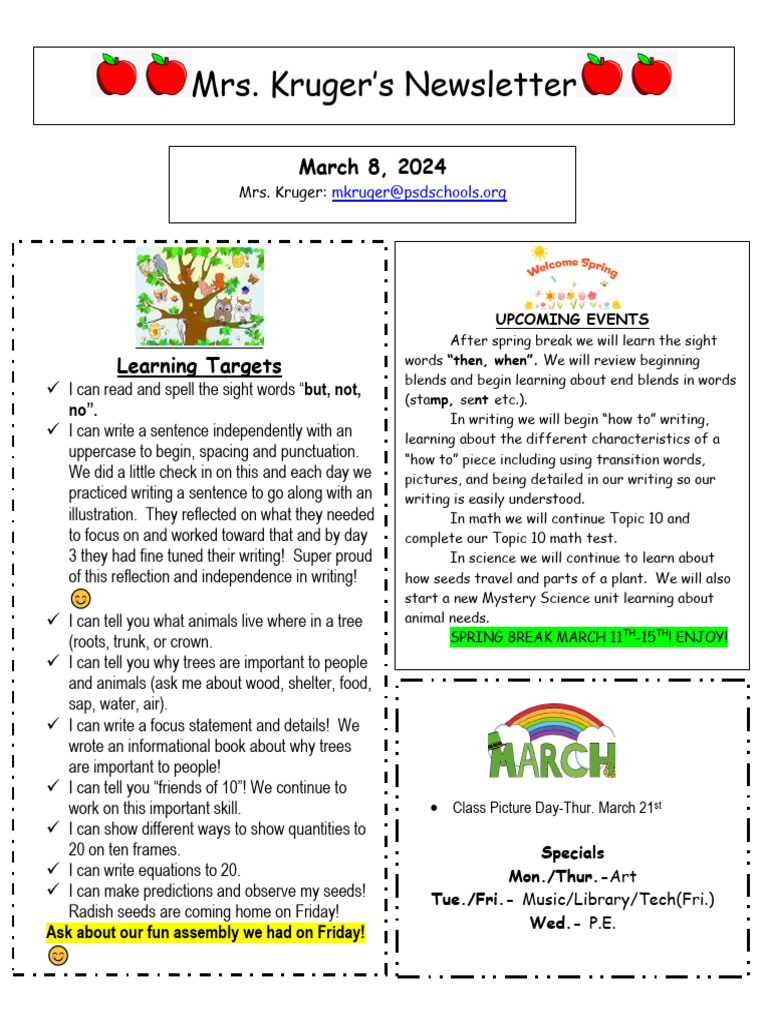 Mrs. Kruger's Classroom Newsletter March 2024 | PDF