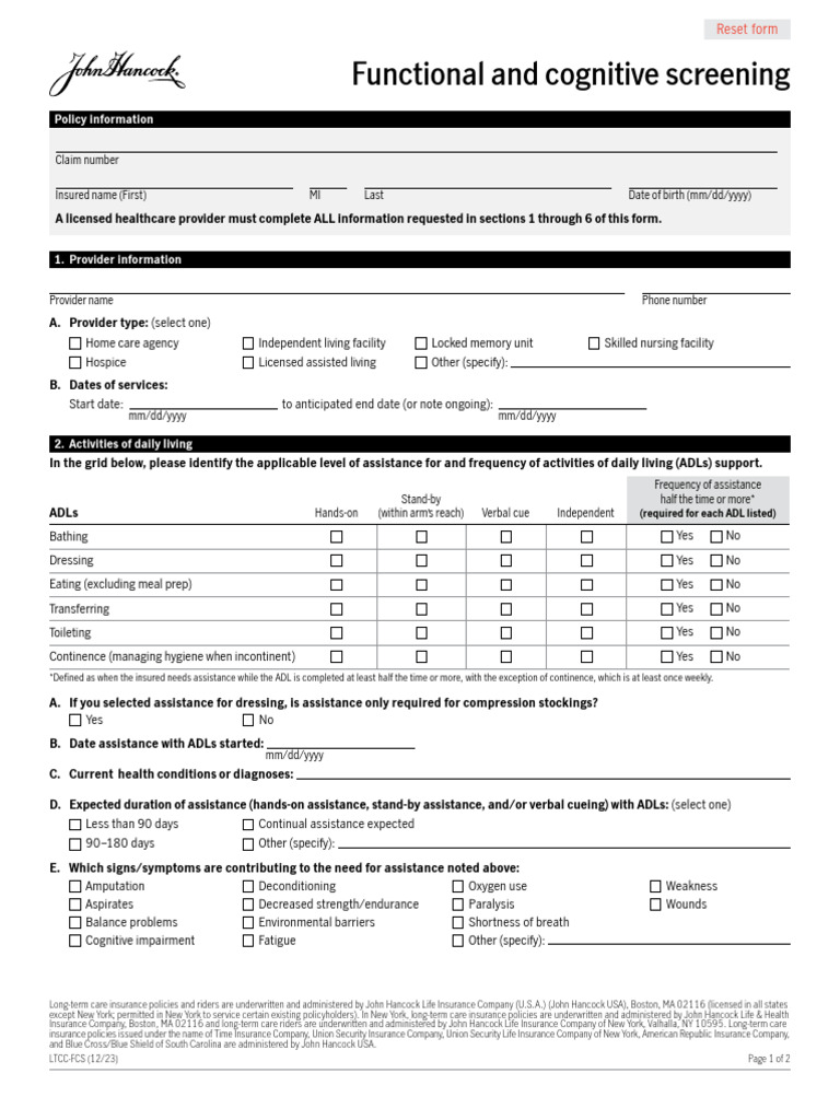 John Hancock Functional and Cognitive Screening Clinical Review Form v ...