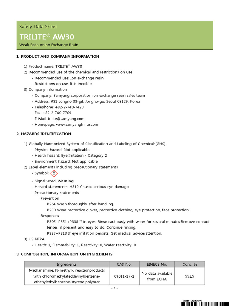 Trilite Aw30. Safety Data Sheet. Weak Base Anion Exchange Resin 1 ...