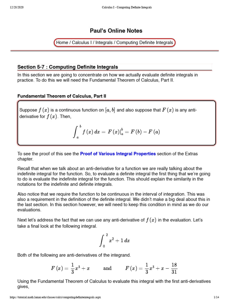Calculus I - Computing Definite Integrals | PDF | Teaching Methods & Materials