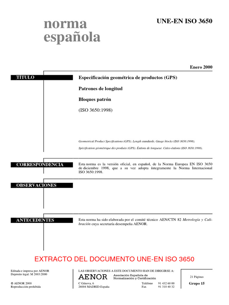Une-En - Iso - 3650-2000 Bloques Patrón | PDF | Calibración | Metrología