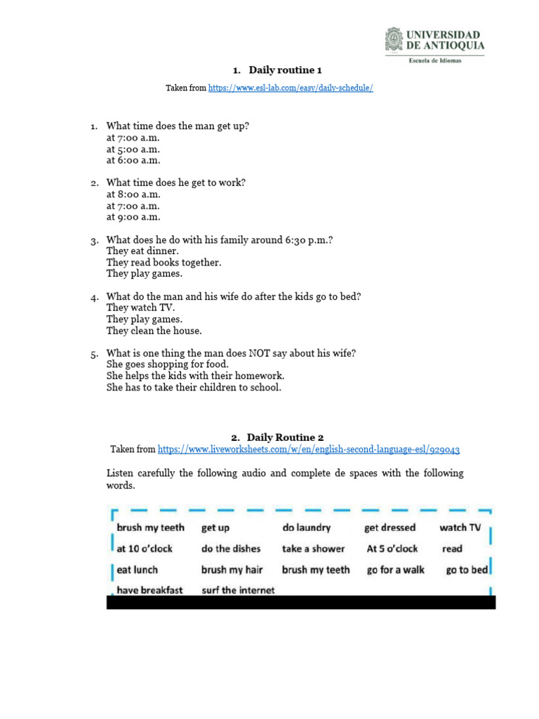 Listening Exercises Daily Routines | PDF | Language Arts & Discipline