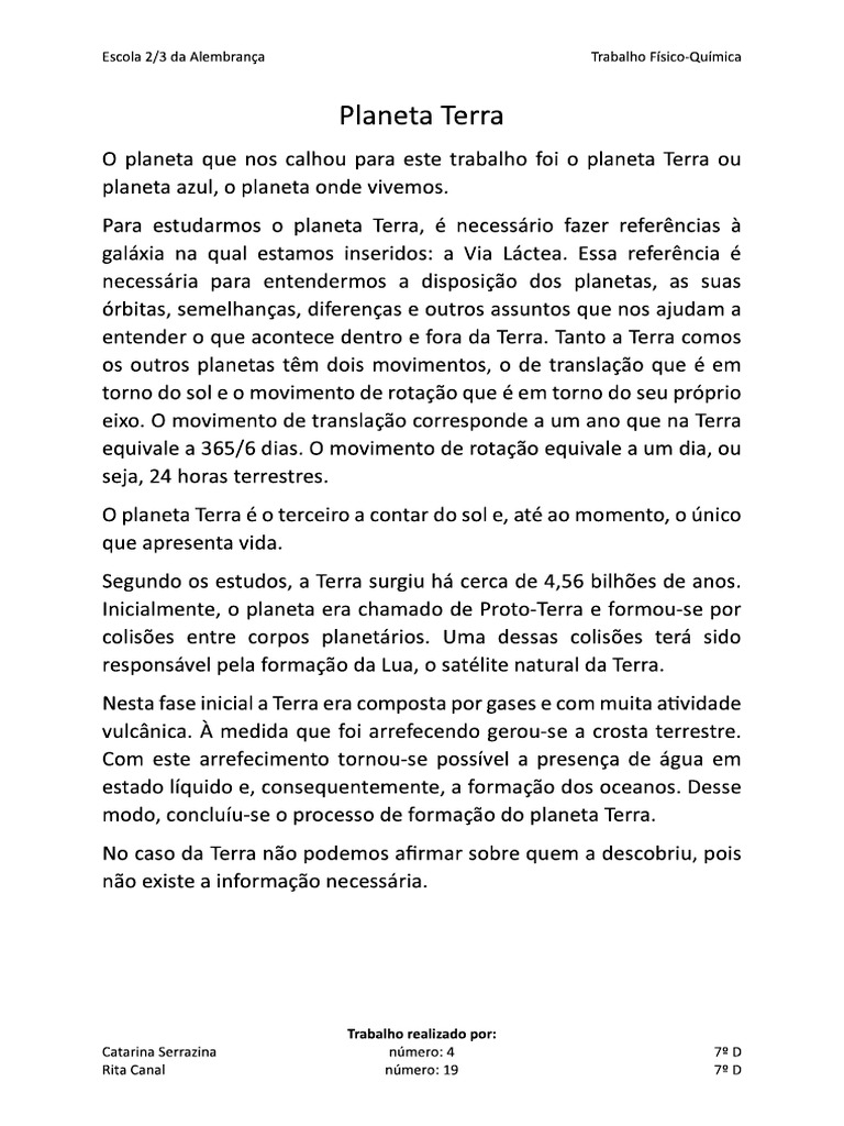 Trabalho Escrito Planeta Terra | PDF