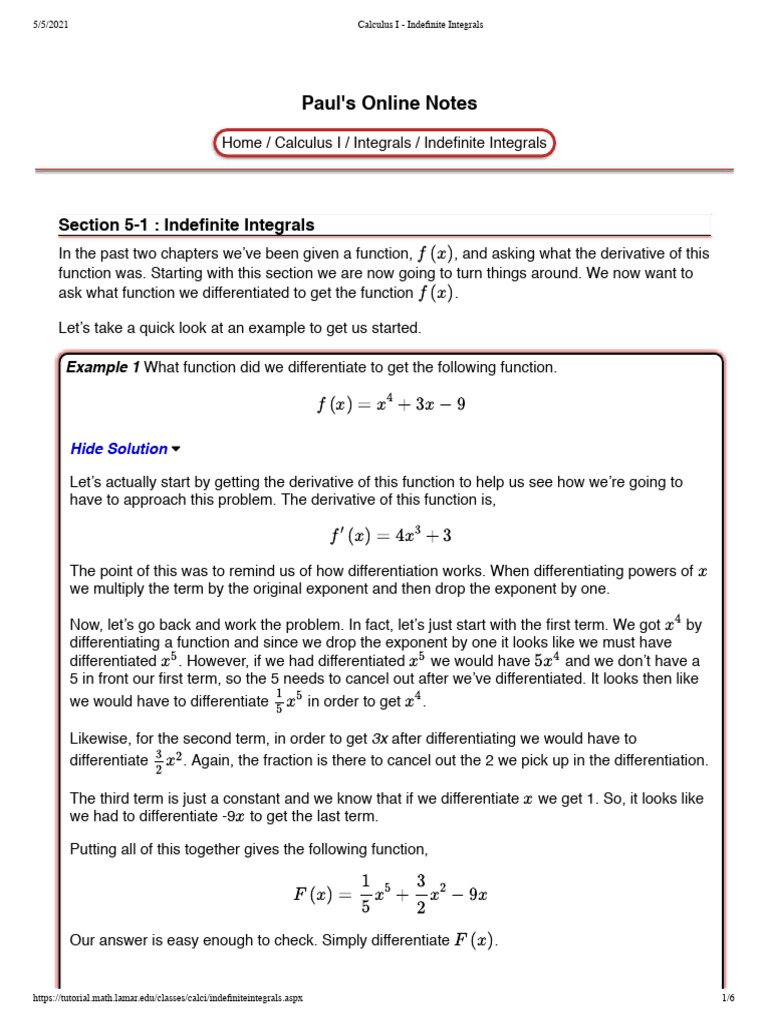 Calculus I Indefinite Integrals Pdf Integral Function Mathematics