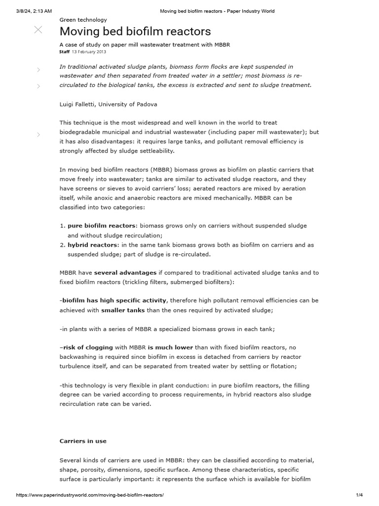 Moving Bed Biofilm Reactors - Paper Industry World | PDF | Sewage ...