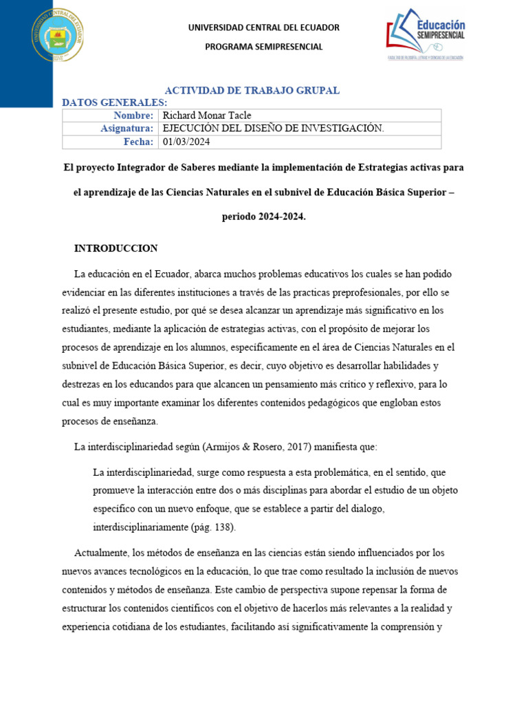 Pis - Richard Monar | PDF | Enseñando | Aprendizaje