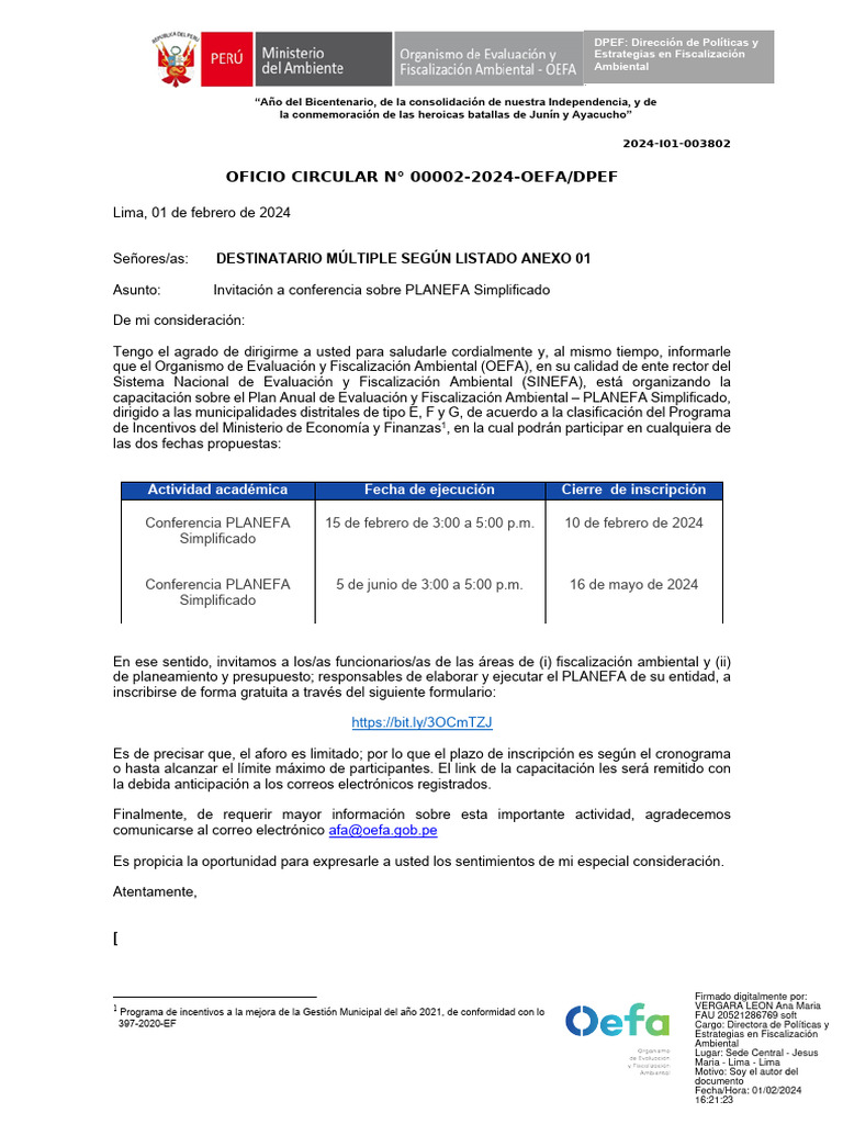 Oficio Circular 002-2024-OEFA-DPEF Con Anexo 1 | PDF