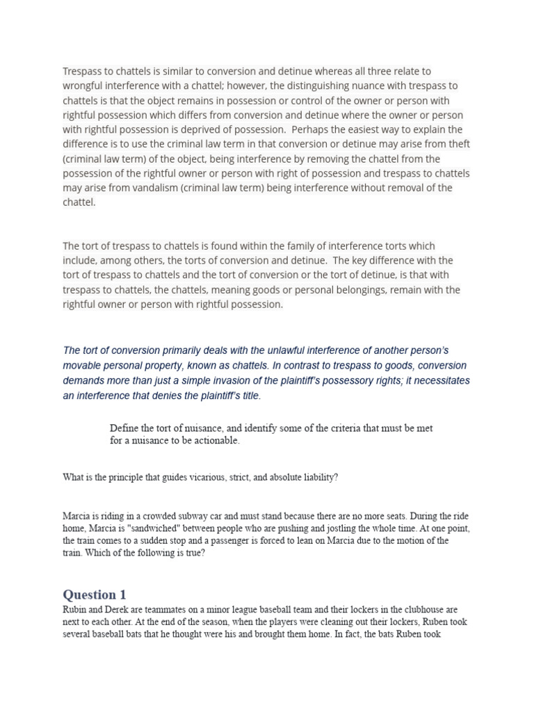 Tort Questions | PDF | Conversion (Law) | Trespass
