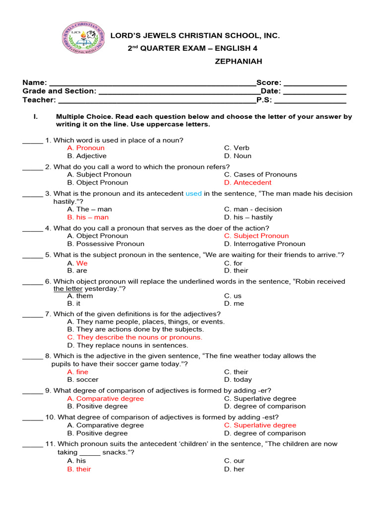 2ND-QT-ENGLISH-4-2024 Checked ABTD | PDF | Pronoun | Noun