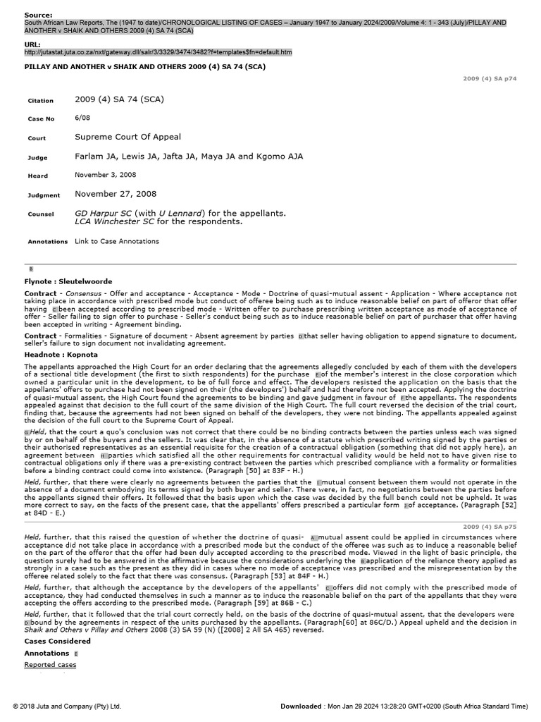 PILLAY AND ANOTHER V SHAIK AND OTHERS 2009 (4) SA 74 (SCA) | PDF | Offer And Acceptance ...