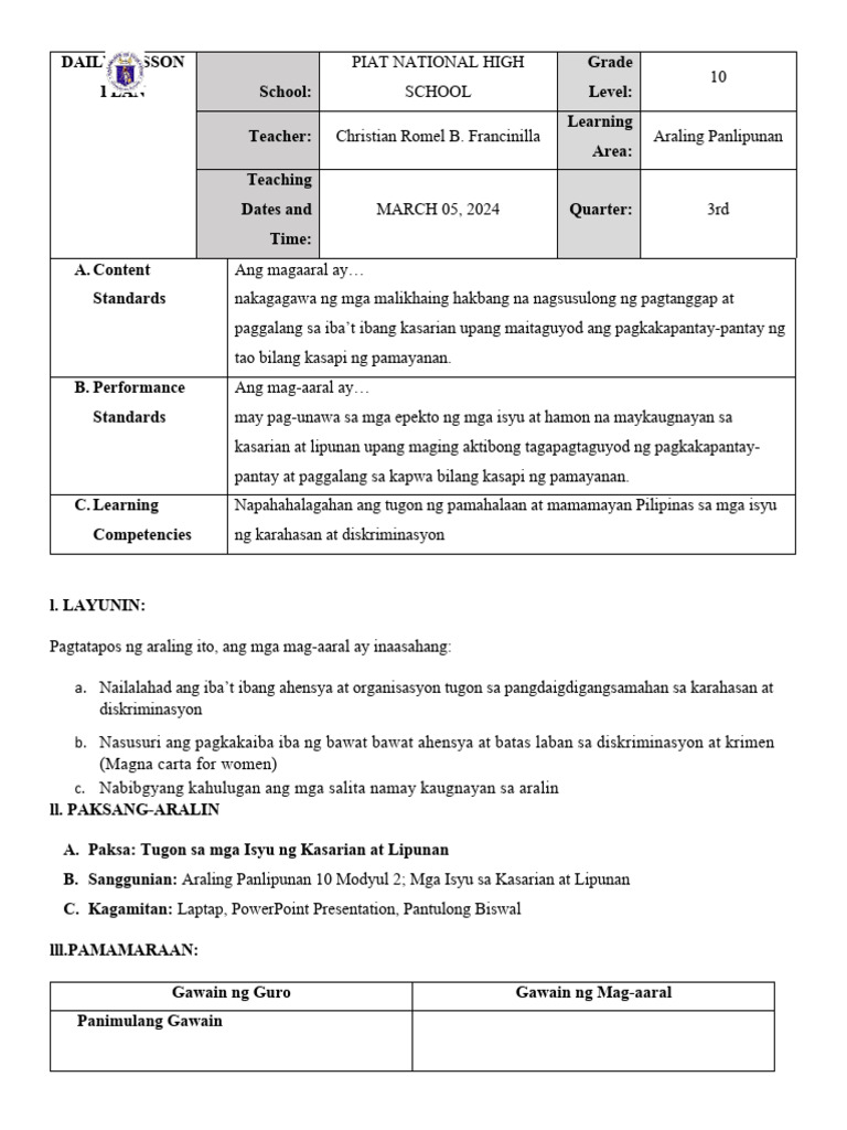 DAILY LESSON PLAN MARCH 5 GRADE 10 TUGON SA MGA ISYU | PDF