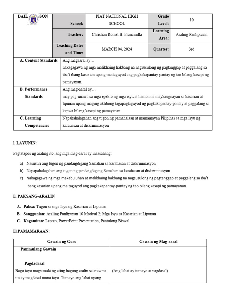 Daily Lesson Plan March 4 Grade 10 Tugon Sa Mga Isyu | PDF