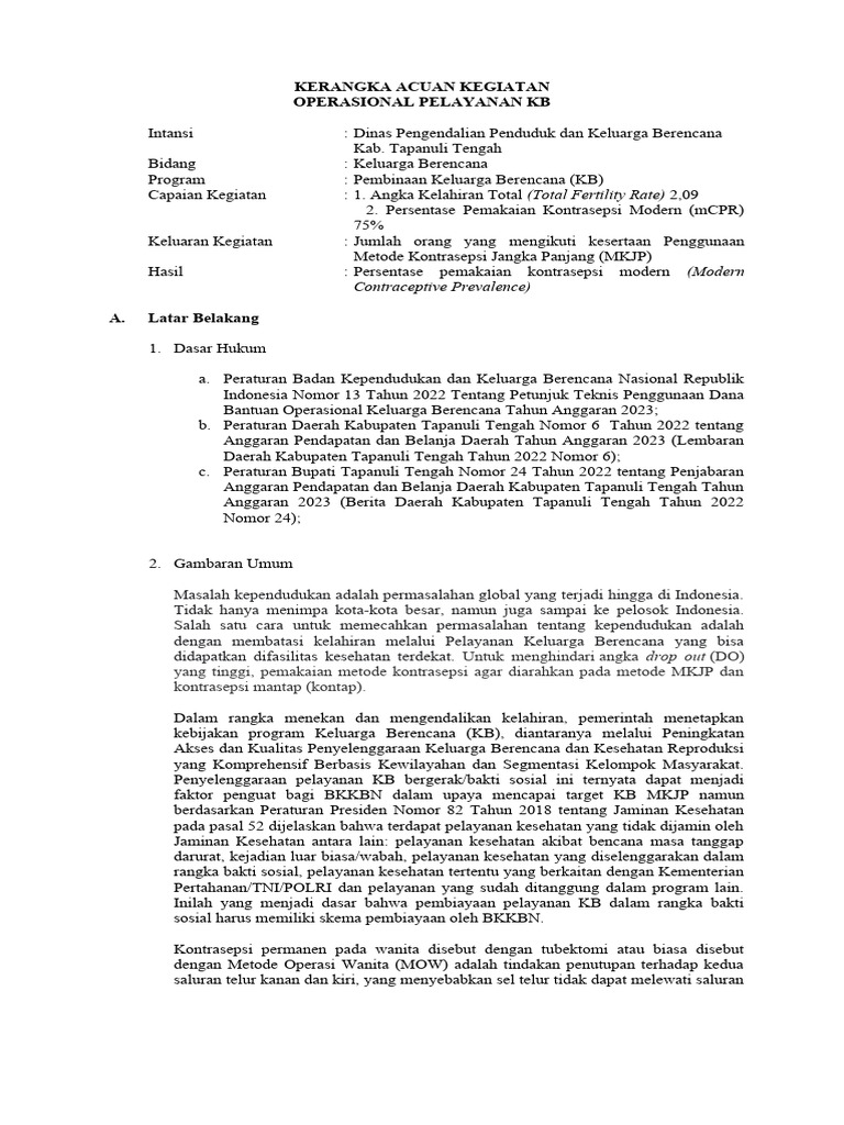 KAK Operasinal Pelayanan KB Bidang KB TA 2024 | PDF