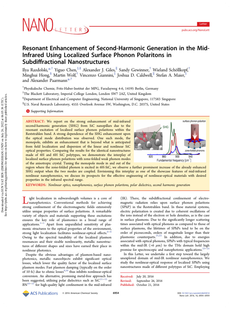 Resonant Enhancement of Second-Harmonic Generation in The Mid-Infrared Using Localized Surface ...