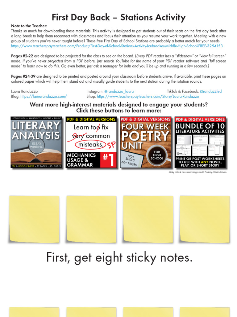 First Day Back - Stations Activity | PDF | Books | Human Communication