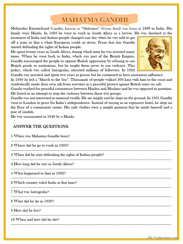 Mahatma Gandhi - Reading Comprehension | PDF | Mahatma Gandhi | British Raj
