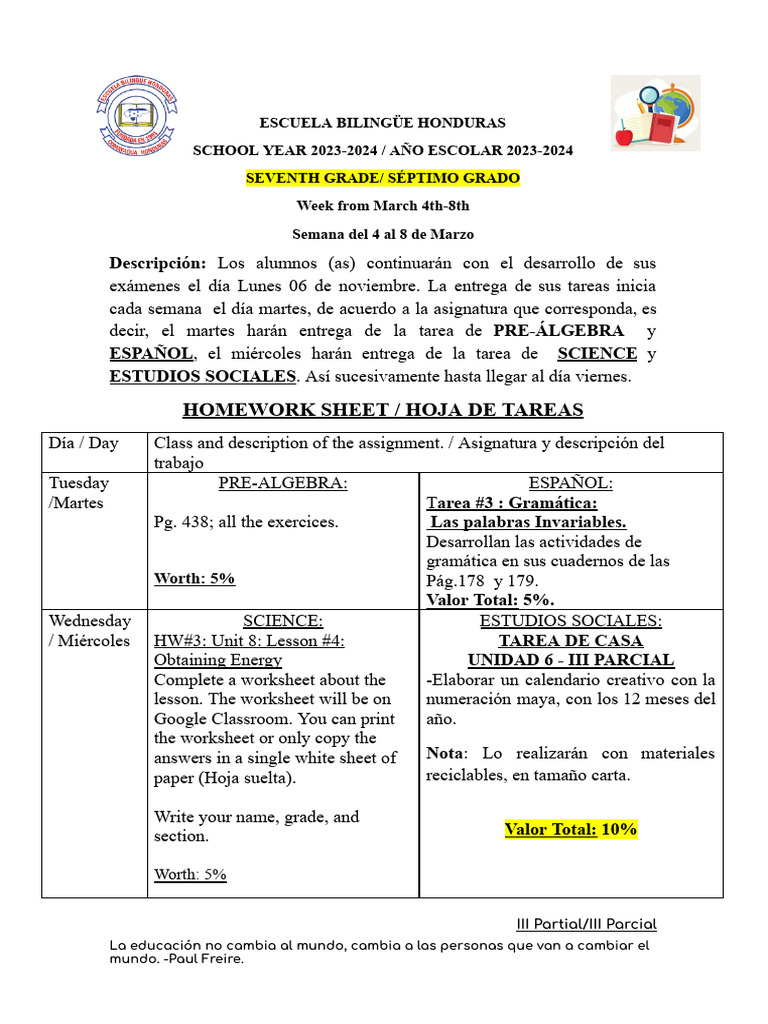 Septimo Grado Hoja de Tareas#4(III Parcial)_ Seventh Grade Homeworksheet#4 (III Partial) 2023 ...