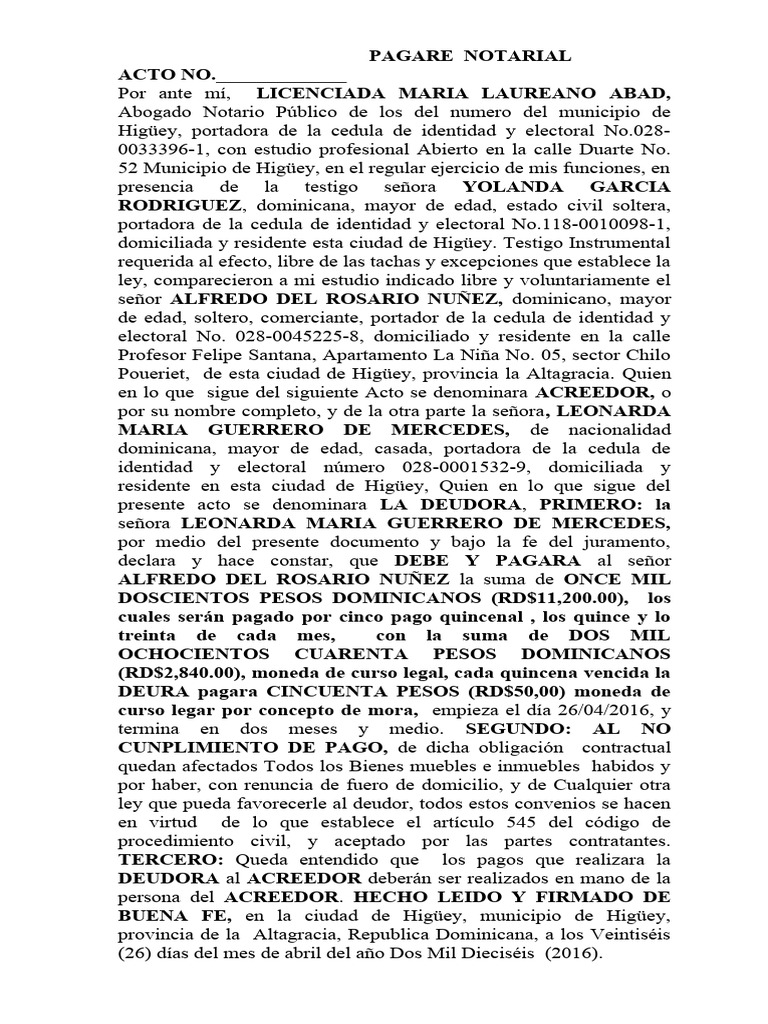Pagare Notarial de Alfredo Del Rosario Nuñez y Leonarda Maria Guerrero ...