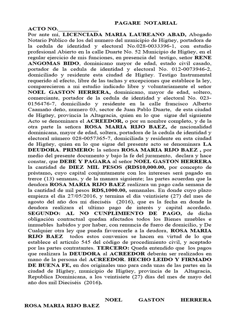 Pagare Notarial de Noel Herrera y Rosa Maria Rijo Baez | PDF ...