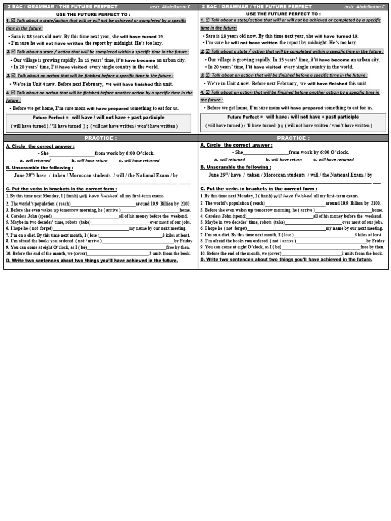 2 Bac. Future Perfect | PDF | Perfect (Grammar) | Language Mechanics