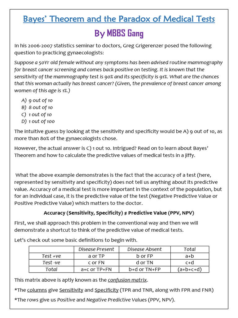 Bayes Theorem And The Paradox Of Medical Tests Pdf Sensitivity And Specificity Receiver