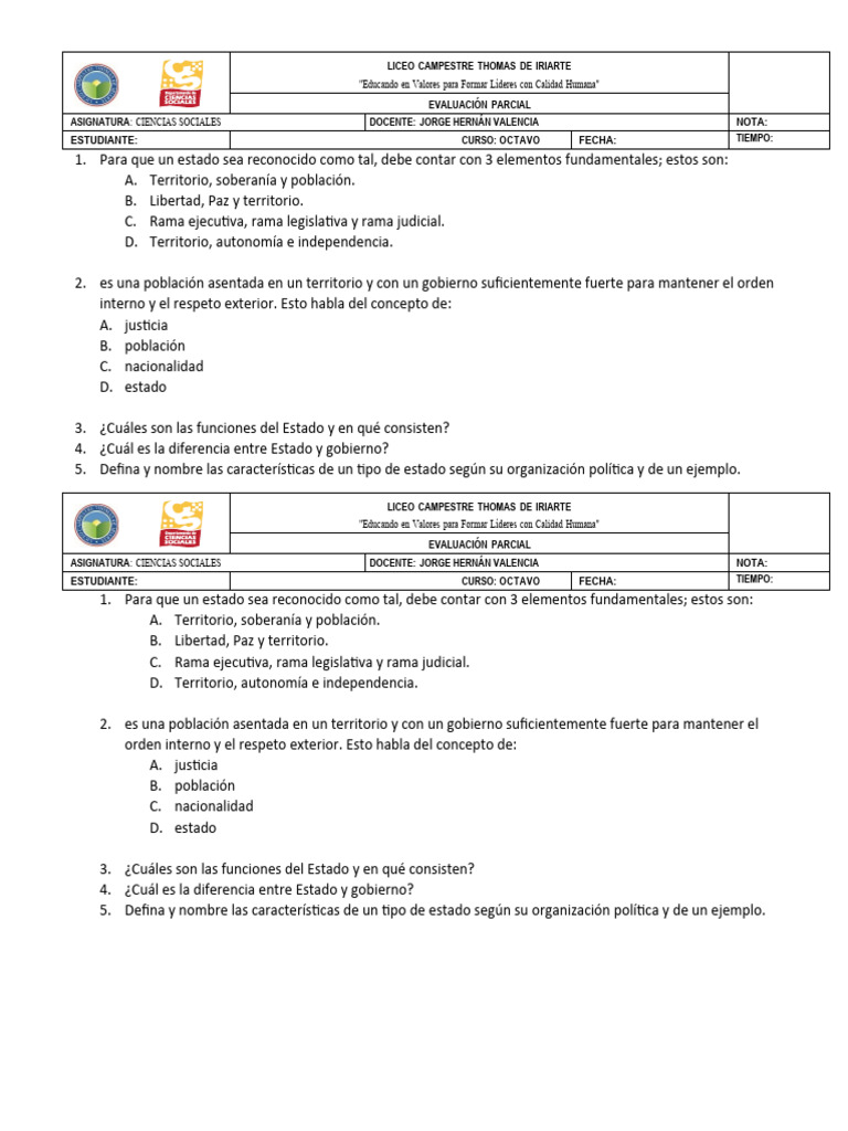 Evaluación de Ciencias Sociales Octavo | PDF | Estado (política) | Maestros