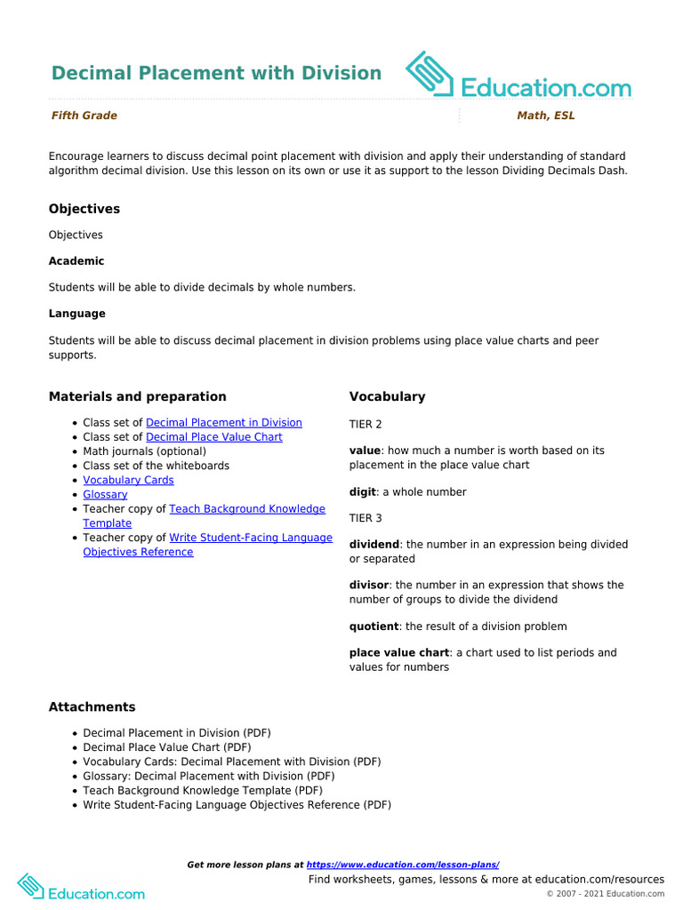 Decimal Division Lesson Plan | PDF | Division (Mathematics) | Adjective