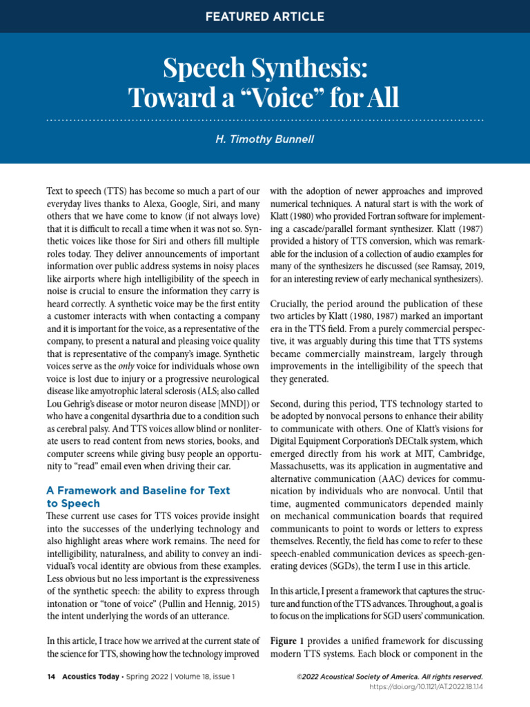 Speech Synthesis Toward A Voice For All H. Timothy Bunnell | PDF | Speech Synthesis | Deep Learning