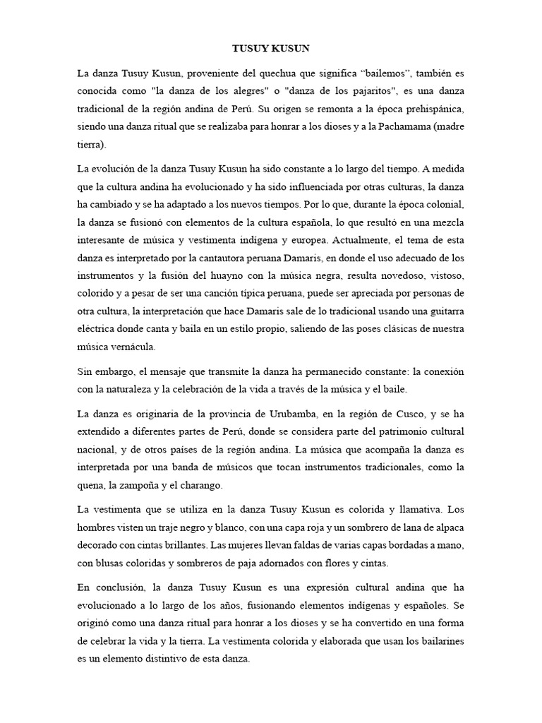 Vestimenta de la danza Tusuy Kusun | PDF | Bailes | Las artes escénicas