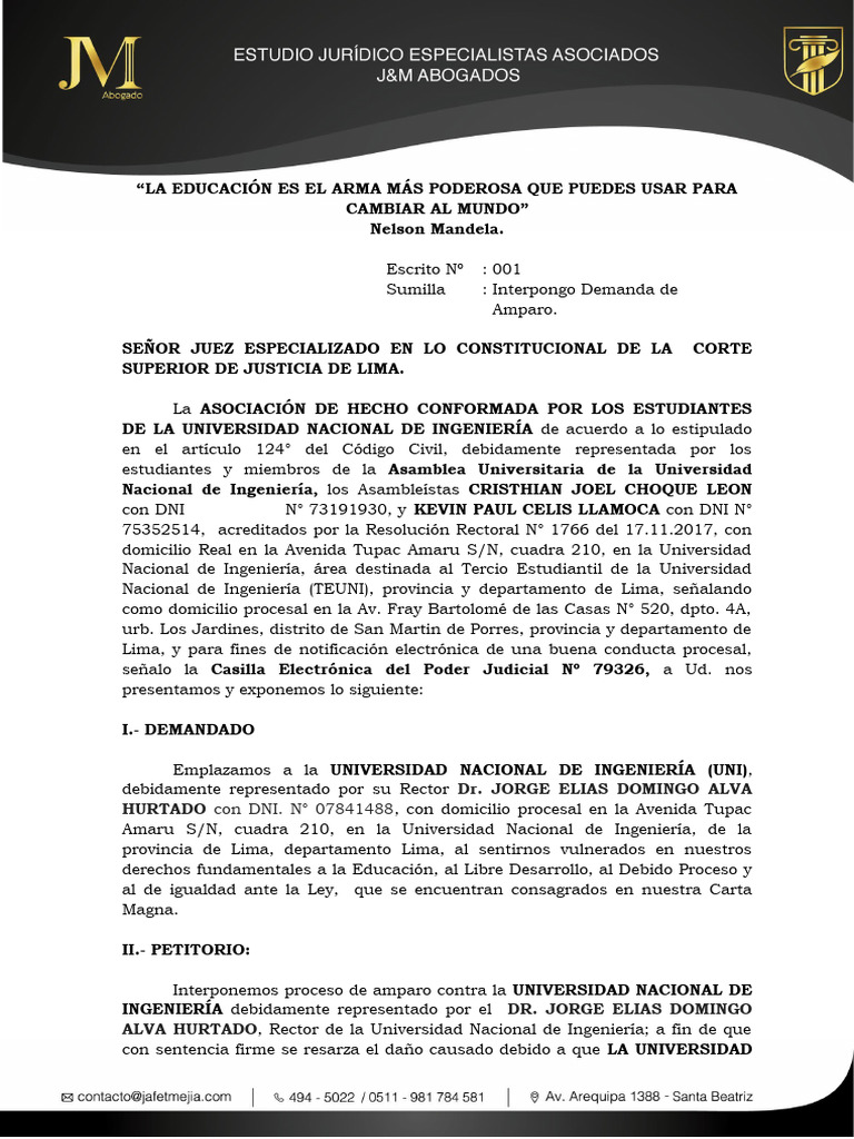 DEMANDA DE AMPARO TEUNI VS UNI DERECHO A LA EDUCACIÓN LMTB FINAL Final | PDF | Debido al proceso ...